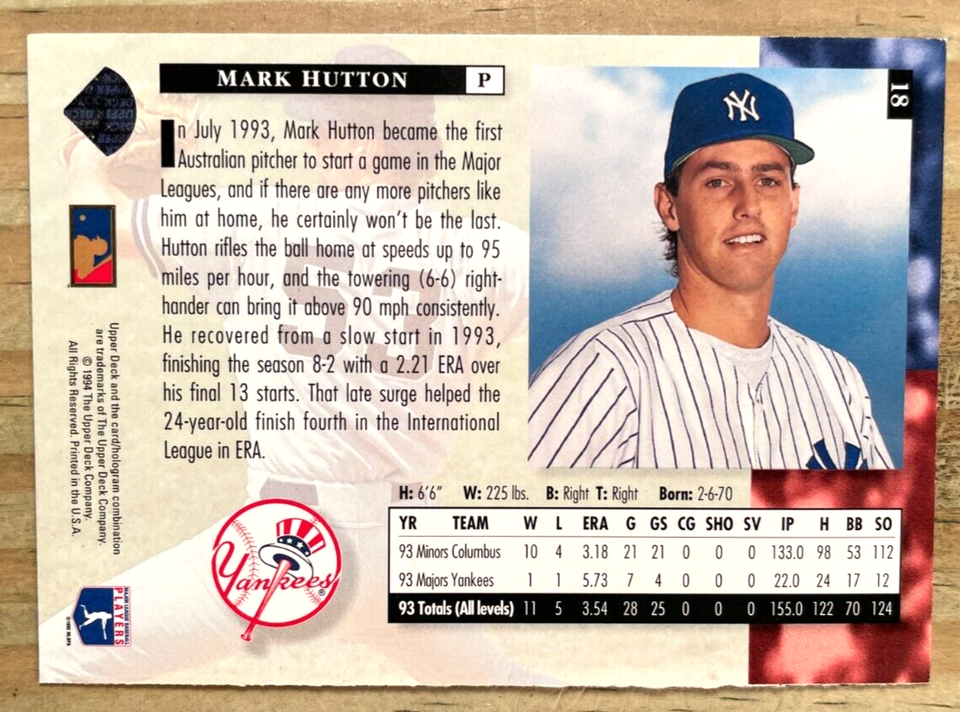 1994 UPPER DECK MARK HUTTON STAR ROOKIE CARD#18 NM-MT YANKEES MARLINS ...