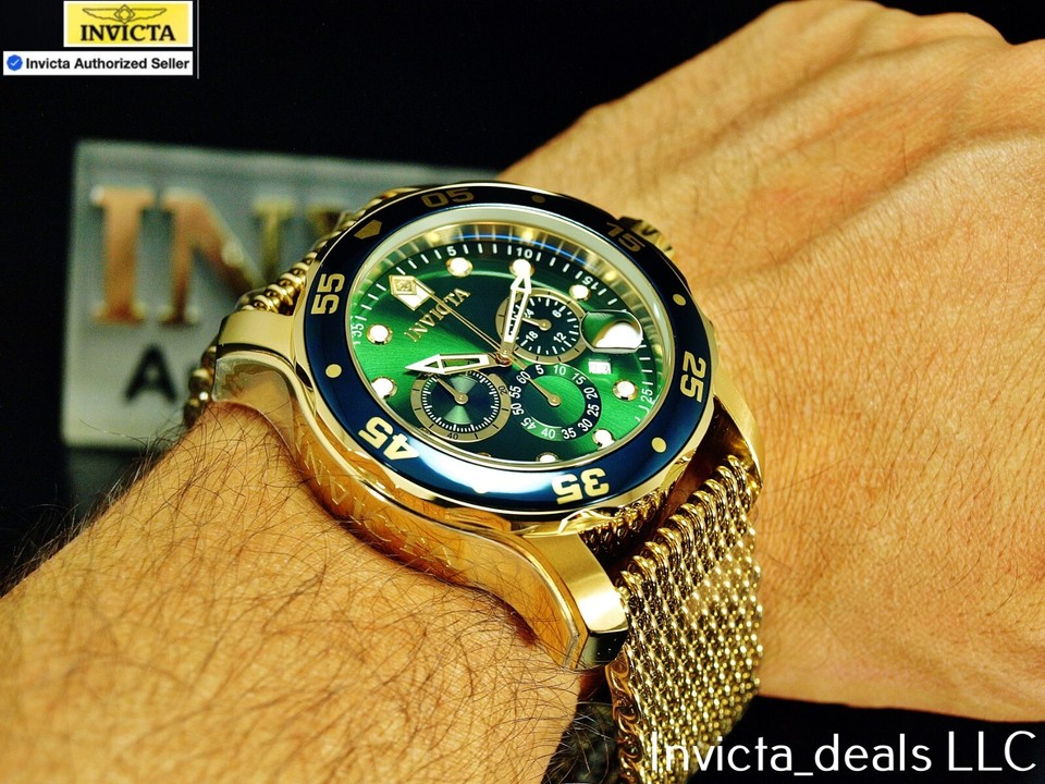 Invicta Men's 48mm PRO DIVER Scuba Chronograph GREEN DIAL Gold Tone ...
