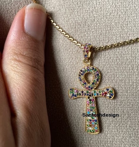 Beautiful Ankh Cross Silver Multi Stone Charm Pendant Handmade Jewelry ...