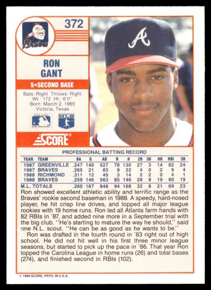 1989 Score Ron Gant Atlanta Braves #372 | eBay