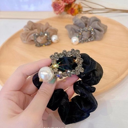 Elegant Organza Large Intestine Hair Ties Elastic Rhinestone Pearl Hair ...