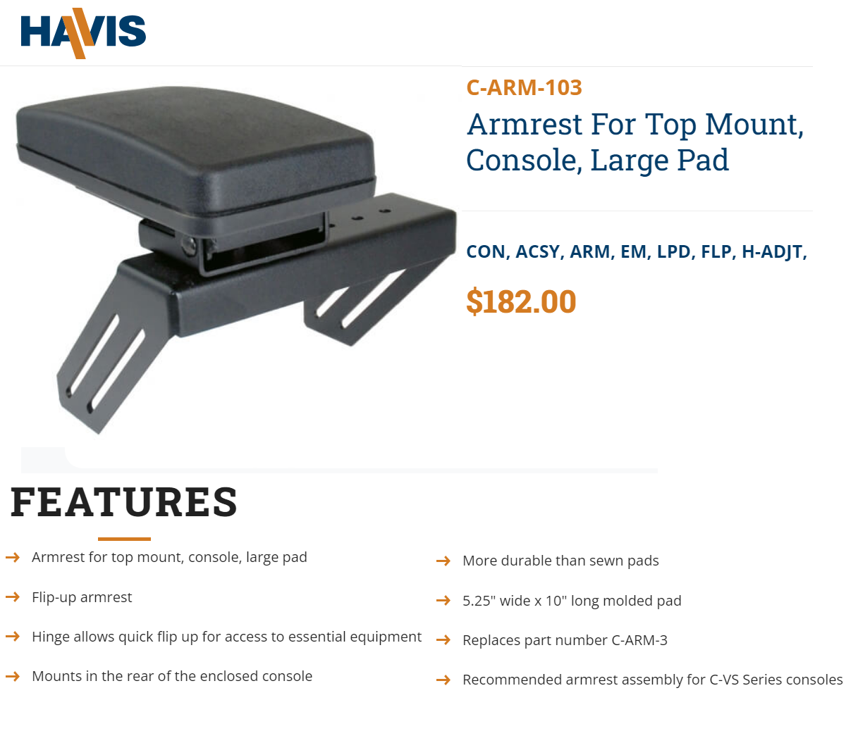 New Genuine HAVIS C-ARM-103 Armrest Kit For Top Mount, Console, Large ...