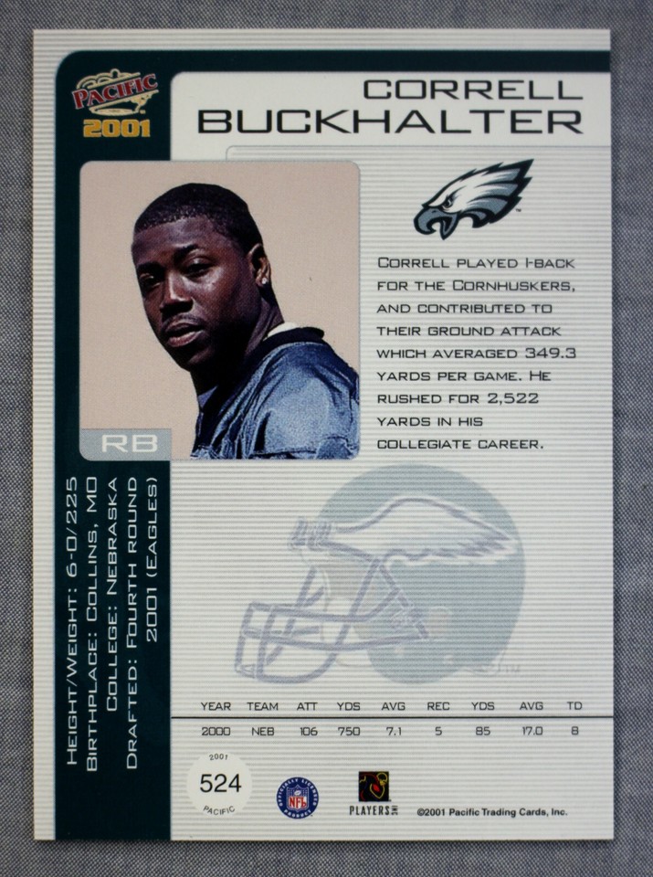 Correll Buckhalter RC Eagles Nebraska 2001 Pacific Rookie Card #524 ...