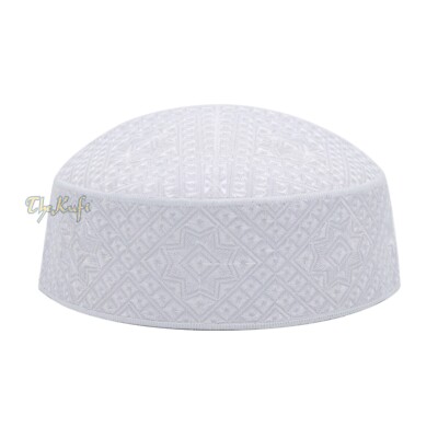 Pakistani Muslim Kufi Hats-White Intricate Embroidery Diamond Motif ...