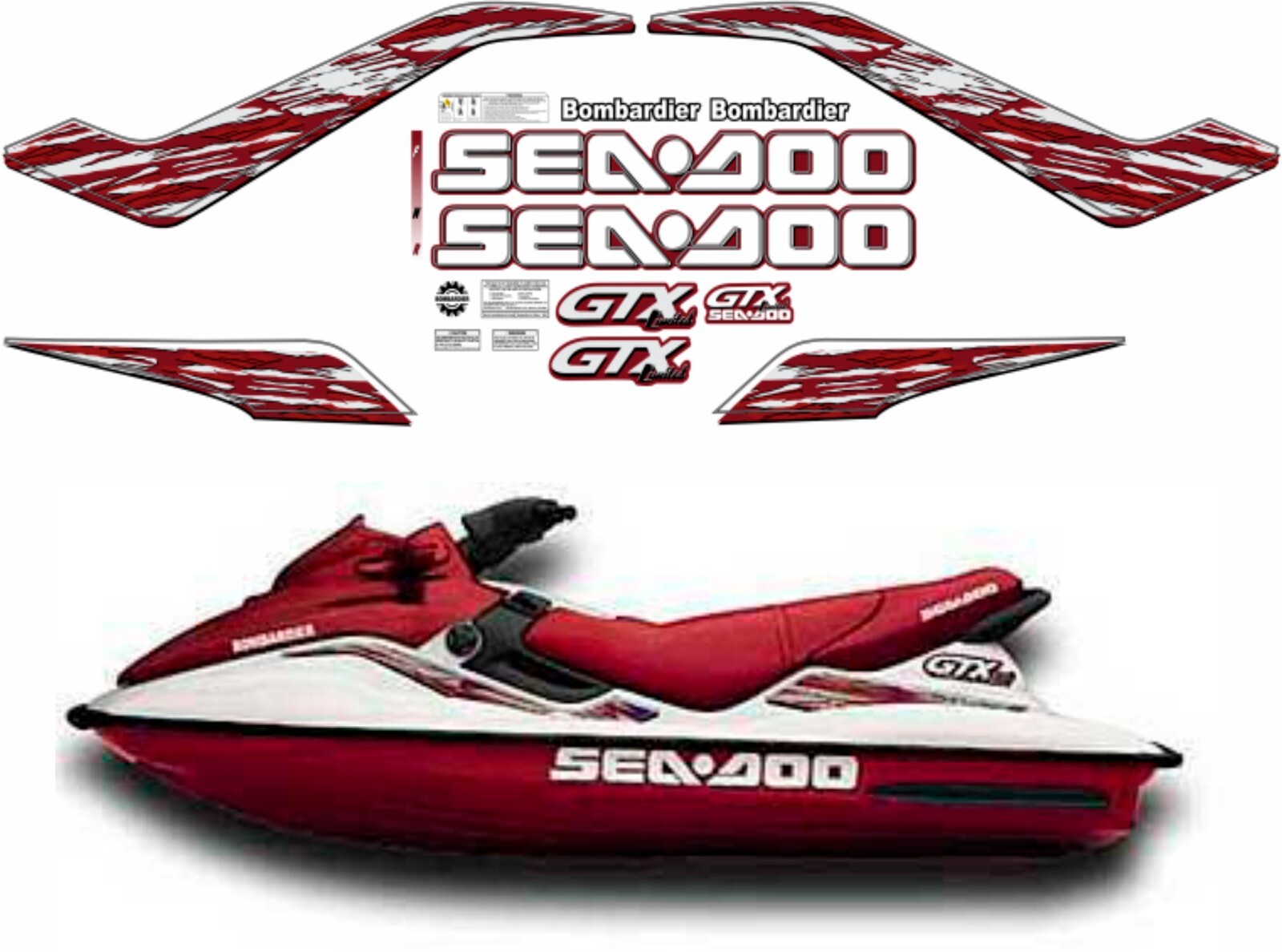 SEADOO GTX 1999 LIMITED Graphics / Decal / Sticker Kit Burgundy custom ...