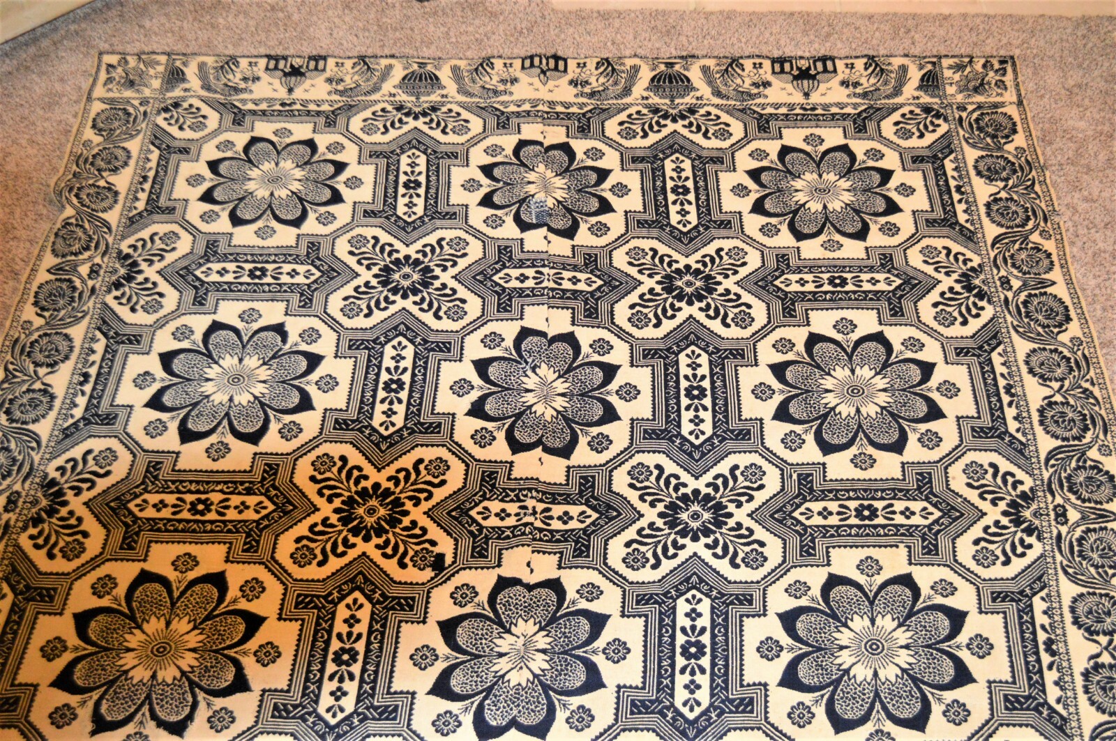 "Craig" 1848 INDIGO & IVORY JACQUARD COVERLET DOUBLE WOVEN FLORAL URNS ...