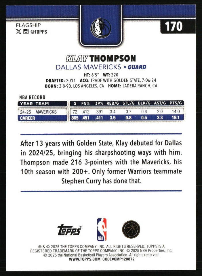 2025-26 Topps #170 Klay Thompson Dallas Mavericks | eBay