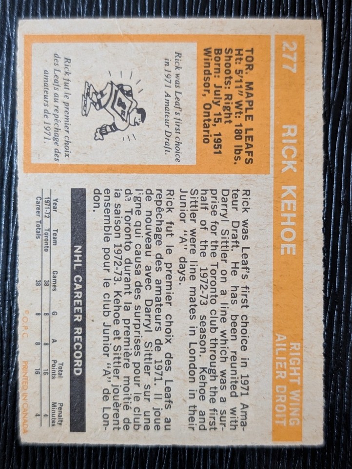 1972-73 OPC #277 Rick Kehoe - Toronto Maple Leafs RC | eBay