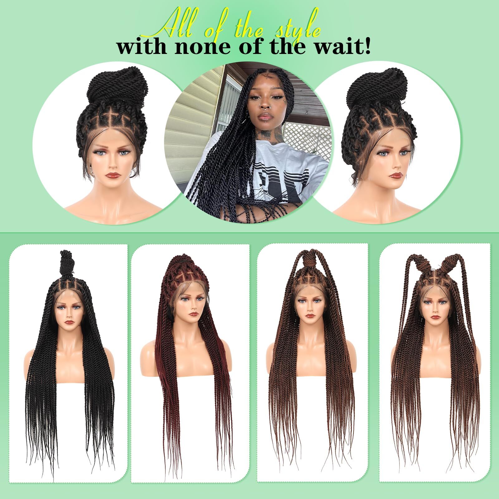 36" 360° HD Full Lace Braided Wigs Knotless Twist Braided Wig for Women ...