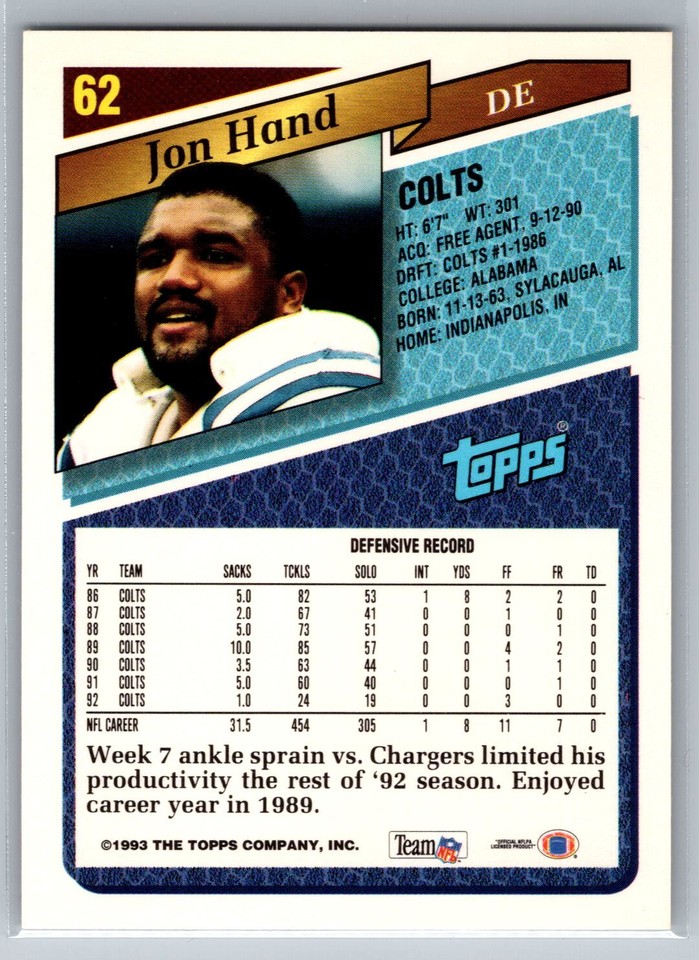 1993 Topps Gold Football #62 Jon Hand Indianapolis Colts | eBay
