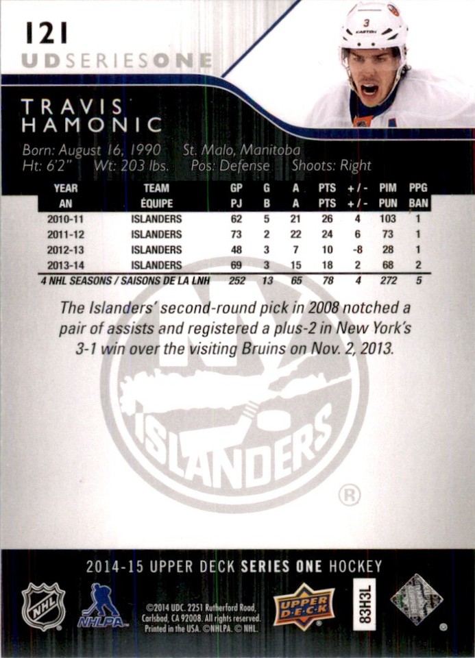 2014-15 Upper Deck Travis Hamonic New York Islanders #121 NHL Hockey ...
