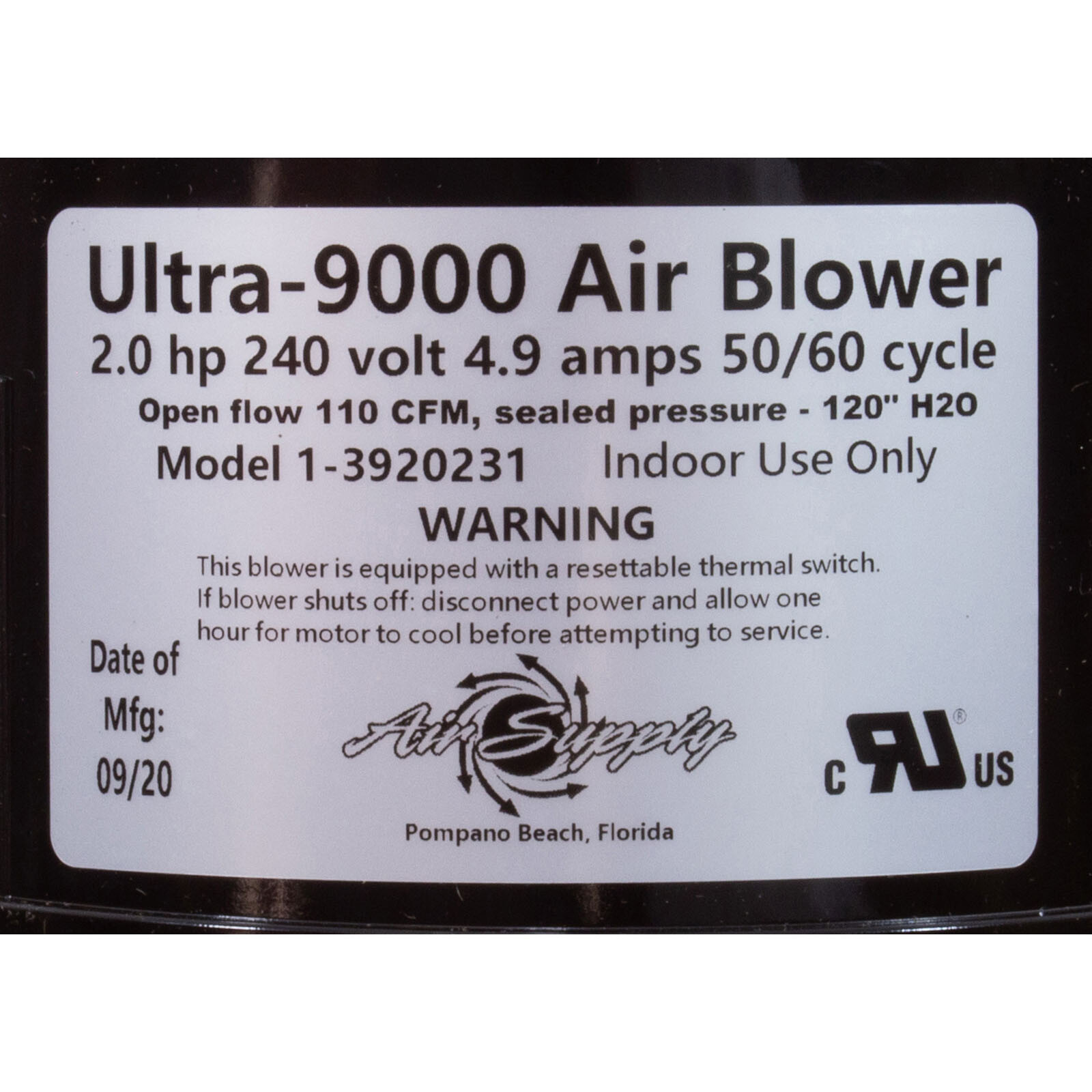 Blower, Air Supply Ultra 9000, 2.0hp, 230v, 5.5A, 4ft AMP | eBay