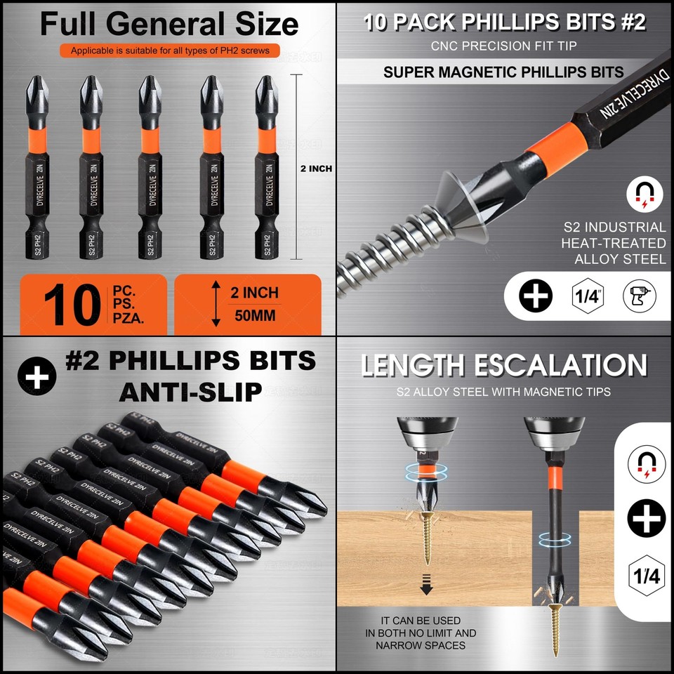 10-Pack Phillips Bits #2 Impact Magnetic 2 Phillips Bits- PH2 Bits ...