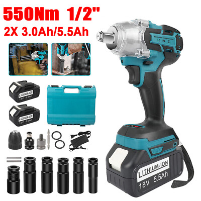 550Nm Cordless Electric Impact Wrench Gun 1/2'' High Power Driver w/2x ...