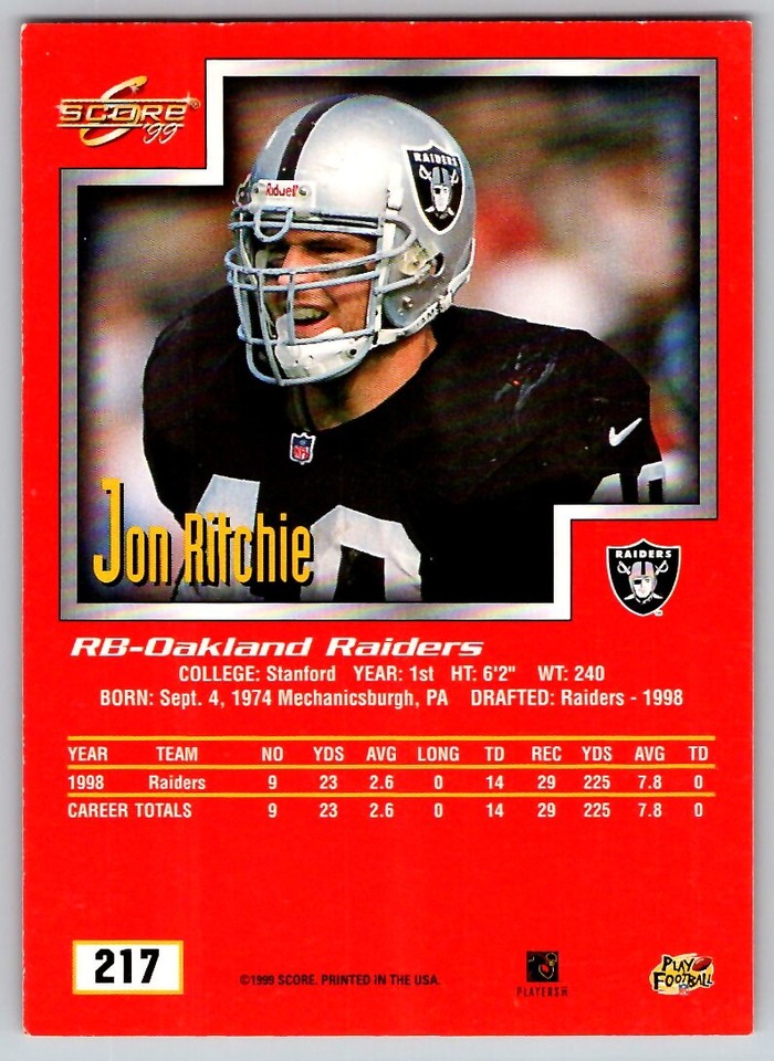 1999 SCORE JON RITCHIE OAKLAND RAIDERS #217 | eBay