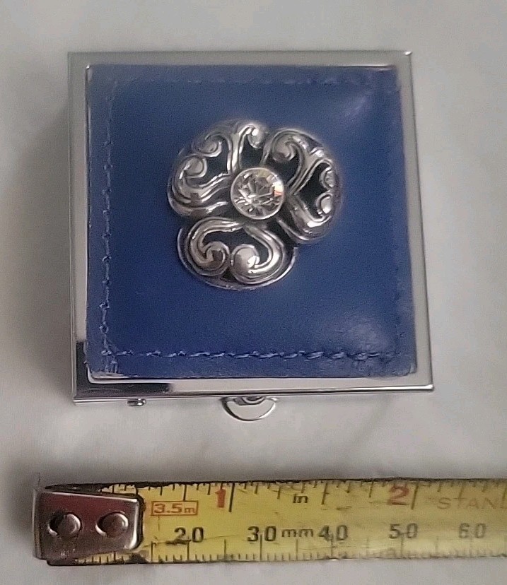 Brighton Pill Box Silver w/ Blue Leather Top & Jeweled Two Compartments ...