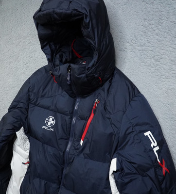 Ralph Lauren RLX Down Jacket Mens L Blue White Ski Puffer Coat Hooded ...