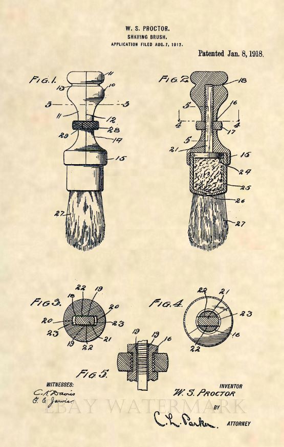 Official 1918 Shaving Brush US Patent Art Print - Vintage Antique ...