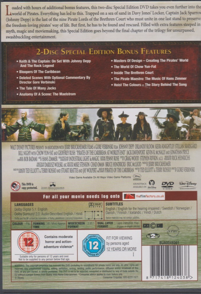 Pirates of the Caribbean: At World's End 2 Disc DVD GD3 NO Case Johnny ...