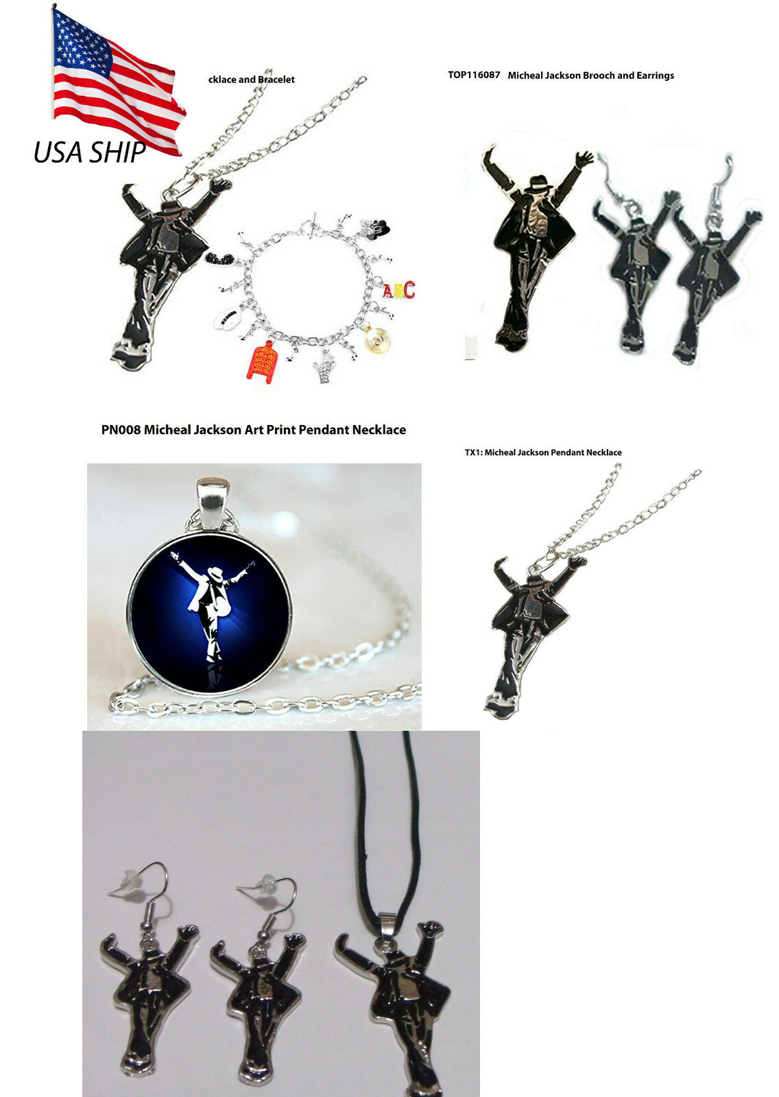 Michael Jackson Necklace, Brooch Earrings Bracelet for Women Teens ...