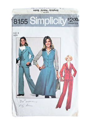 Vtg Sewing Pattern Suit Jacket Vest Pants Skirt Misses' XS 1970s ...