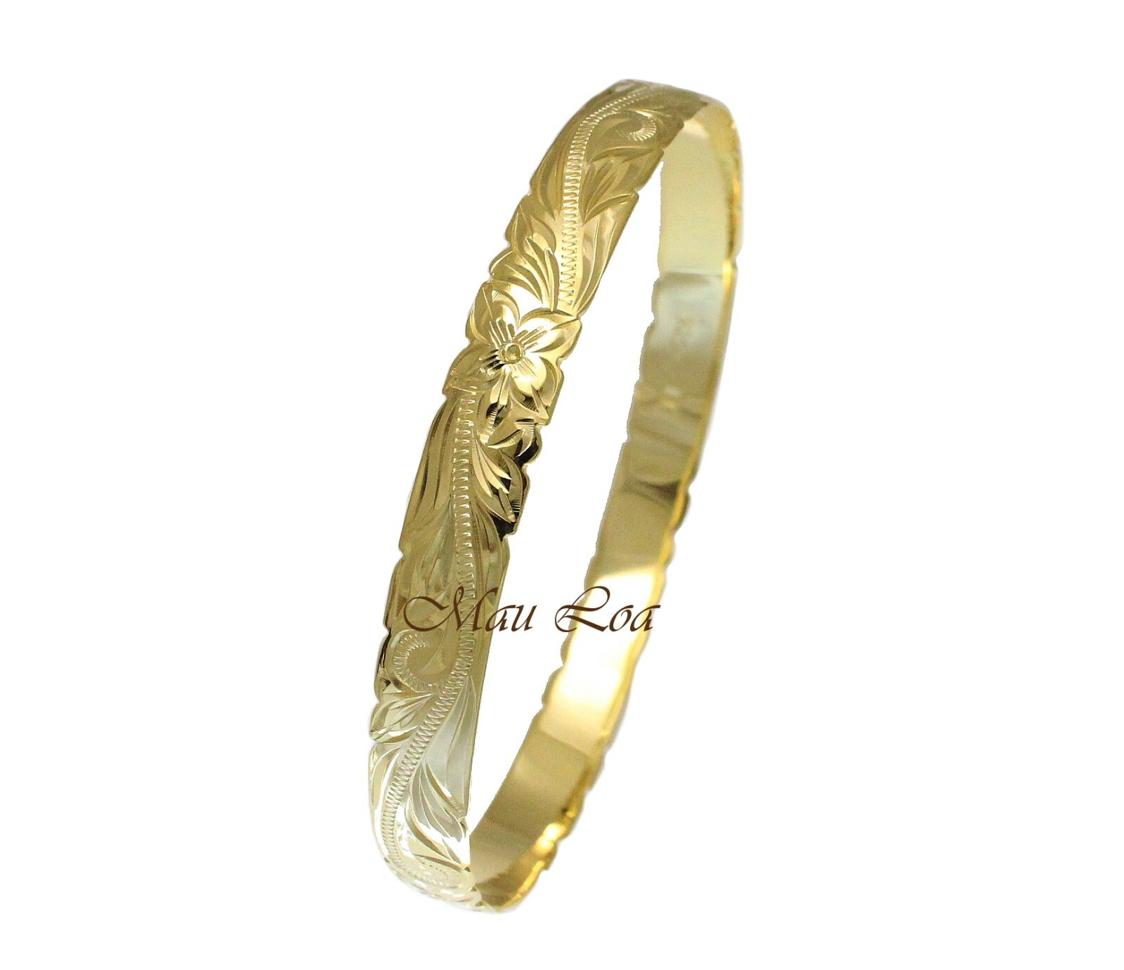 925 Silver Yellow Gold Plated Hawaiian Scroll Plumeria 8mm Bangle Size ...