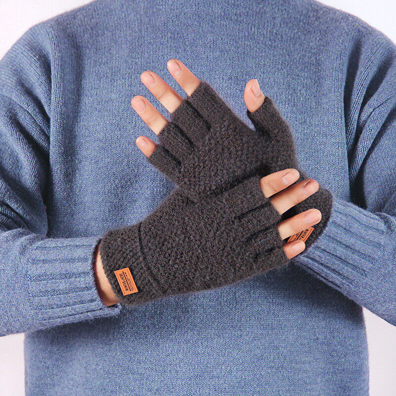 Men's Winter Wool Fingerless Gloves Thermal Knitted Half Finger Mitten ...