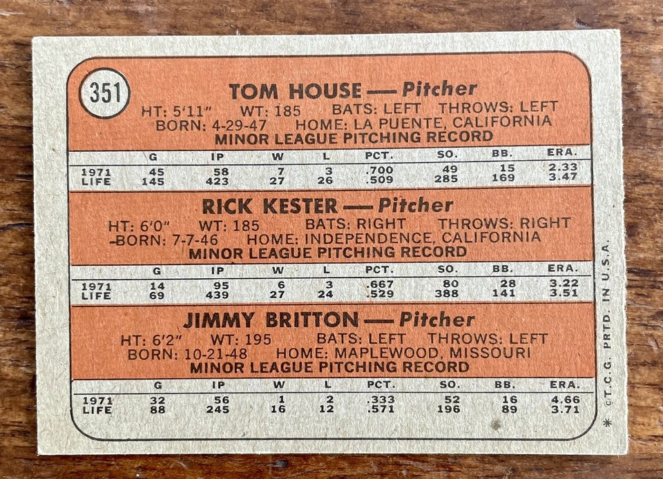 1972 Topps - 1972 Rookie Stars #351 Tom House, Rick Kester, Jimmy ...