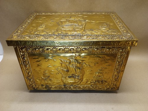 Vintage Embossed Brass SAILING SHIPS Repousse Fireplace Coal Tinder ...