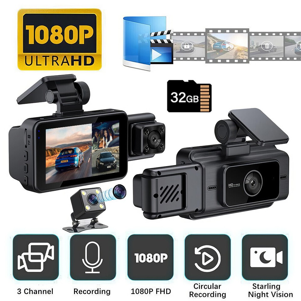 Dash Cam 1080P WiFi Car Camera 3CH Lens Night Vision G-Sensor DVR ...