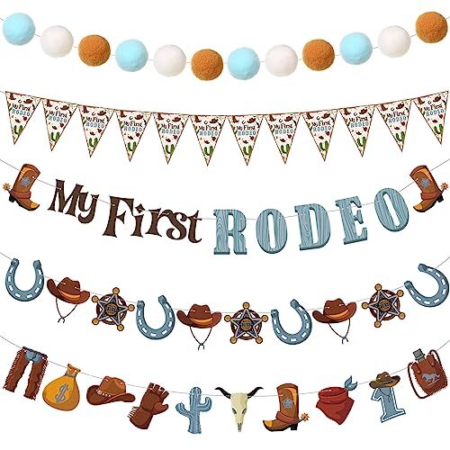 5 Pieces Western Cowboy Party Decorations My First Rodeo Banner Cowboy ...
