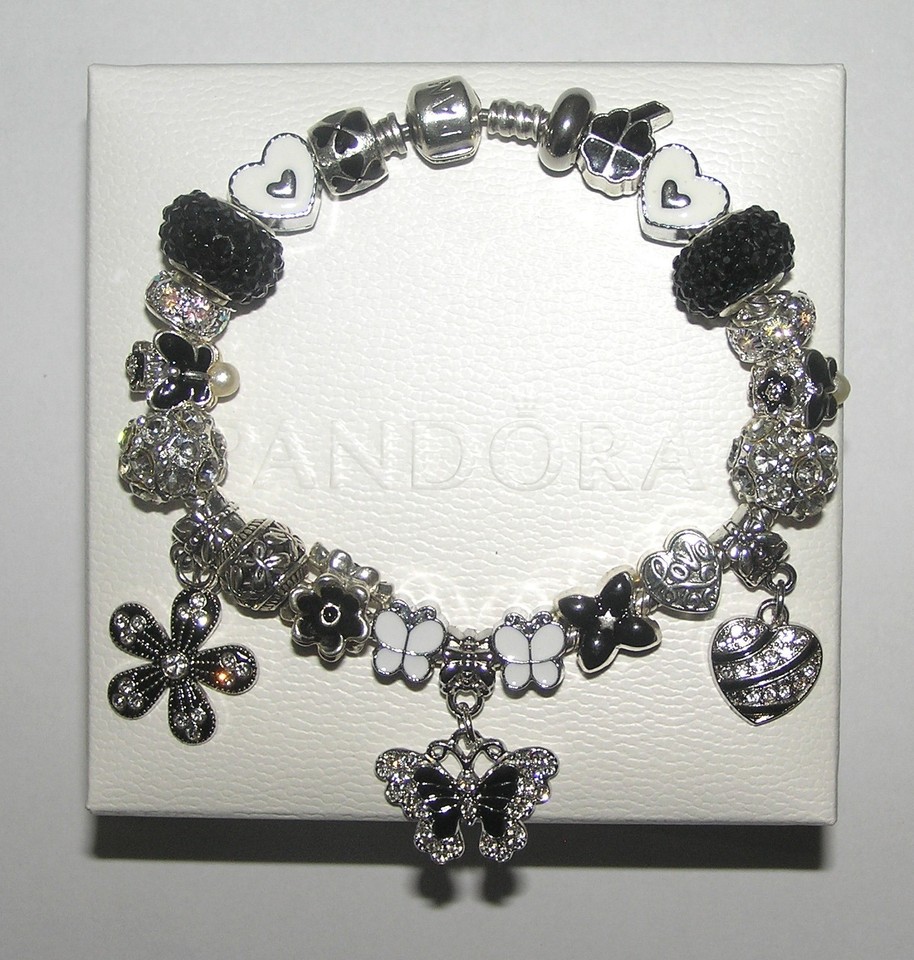 AUTHENTIC Pandora Bracelet W/European Charms Black & White Butterflies ...