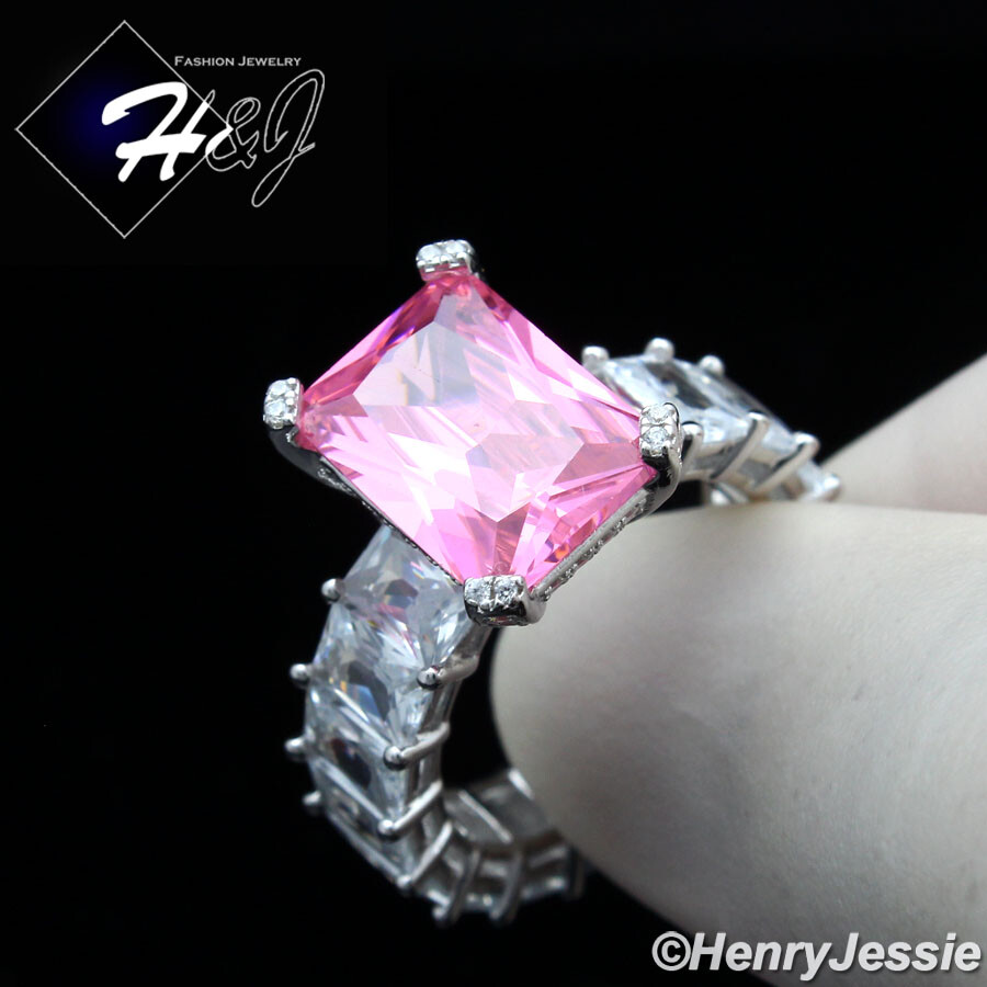 WOMEN 925 STERLING SILVER ICY CUBIC ZIRCONIA PINK RECTANGLE WEDDING ...