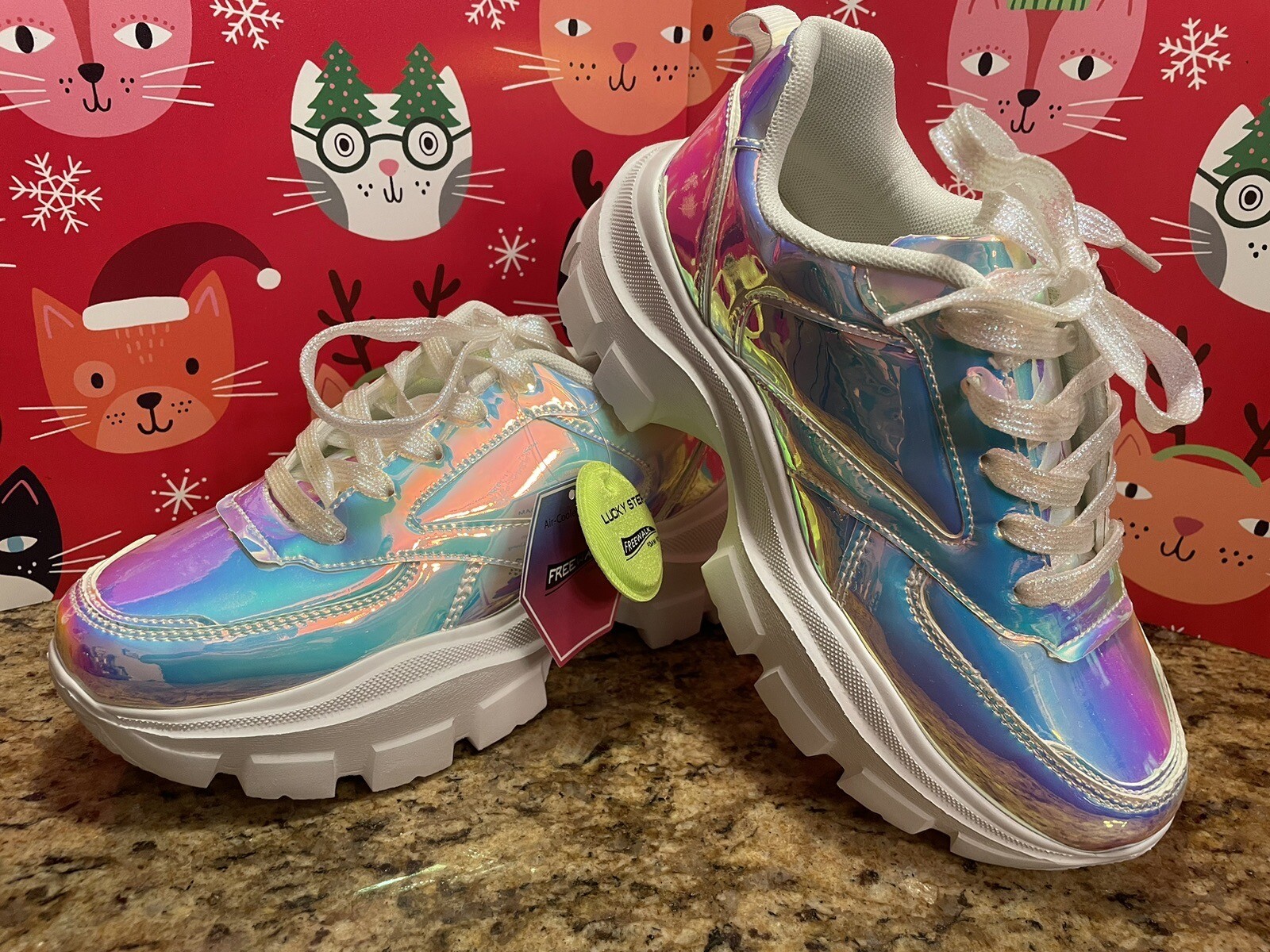 LUCKY STEP Women Holographic Rainbow Silver Platform Shoes y2k rave ...