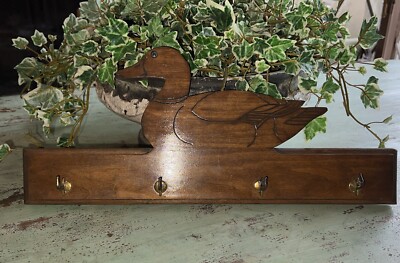 Wood Carved Duck Key Holder With Wall Hanging Vintage Country 6.5 x 16 ...