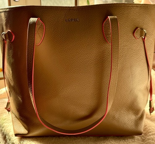 Lodis Bliss Large Tote Shoulder Bag Pebbled Mocha Leather Pink Interior ...