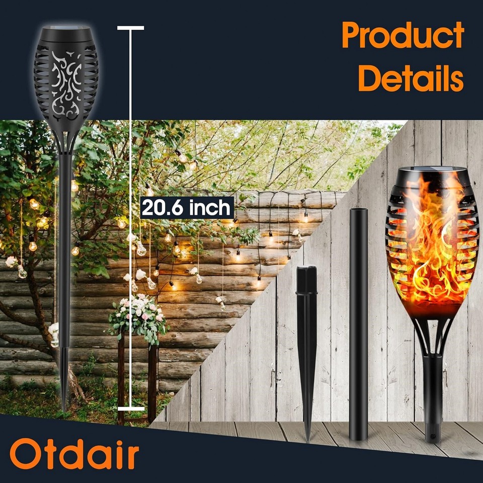 12 Packs Solar Torch Lights with Flickering Flame, 12LED Tiki Torch ...