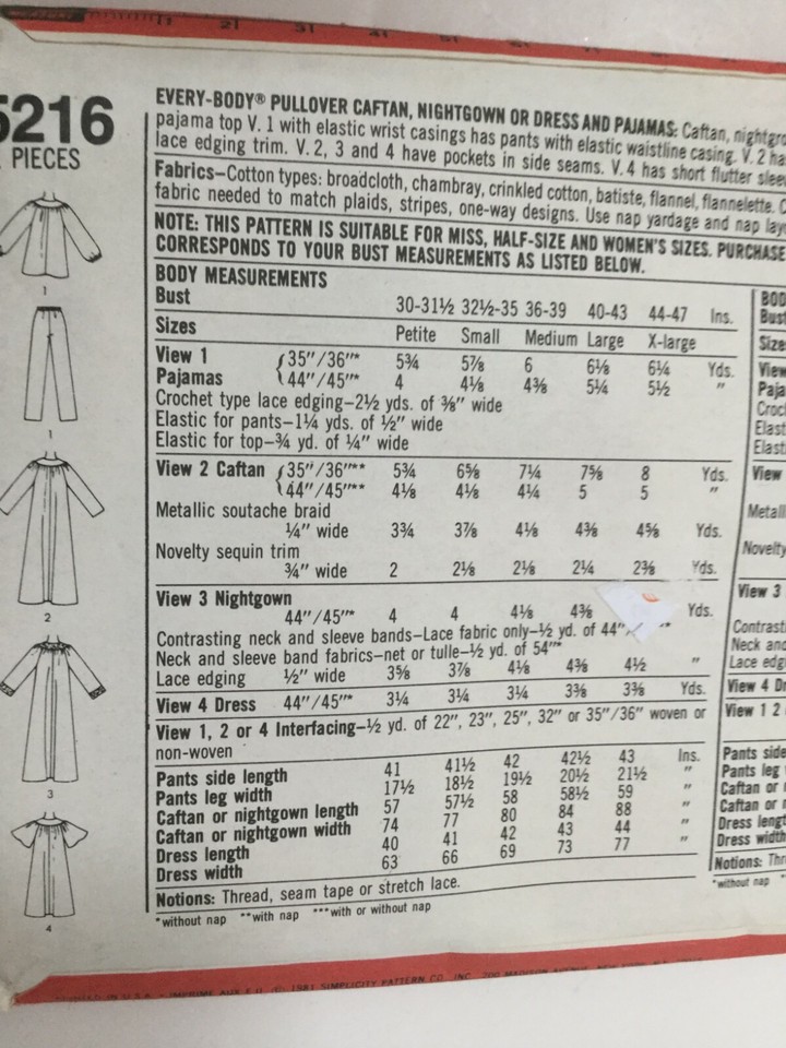 Simplicity 5216 Vintage Pullover Caftan Nightgown House Dress Pajamas S ...