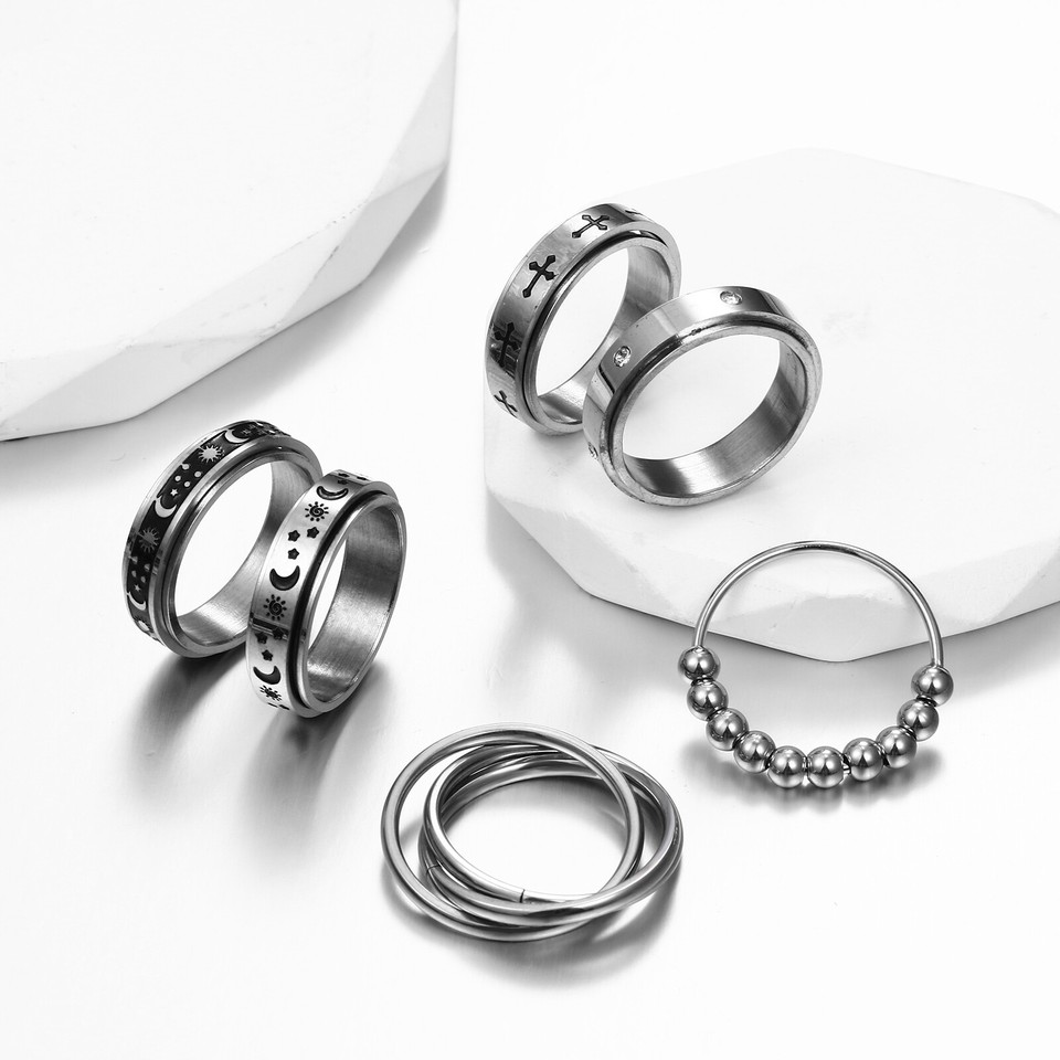 6pcs Sun Moon Cross Spinner Fidget Ring Stainless Steel Anxiety Band ...