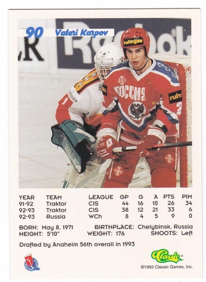 M) 1993 Classic NHL Hockey Draft Trading Card Valeri Karpov #90 | eBay