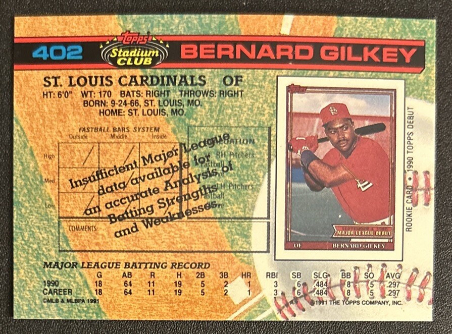 1991 Topps Stadium Club Bernard Gilkey Rookie Card (RC) #402 Cardinals ...