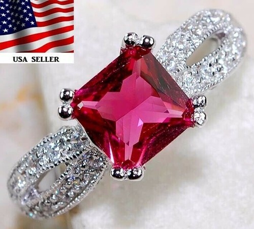 2CT Treated Ruby & White Topaz 925 Solid Sterling Silver Ring Sz 6 NB2 ...