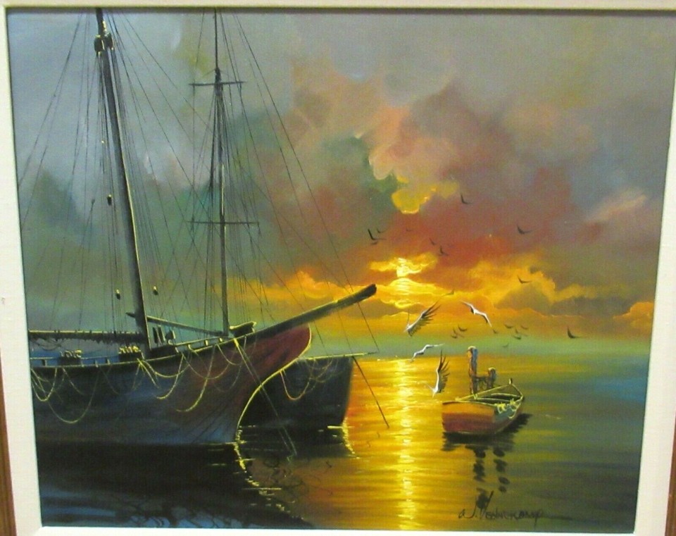 W. VENNEKAMP SAIL BOAT AT PORT LARGE OIL ON CANVAS SUNSET SEASCAPE ...
