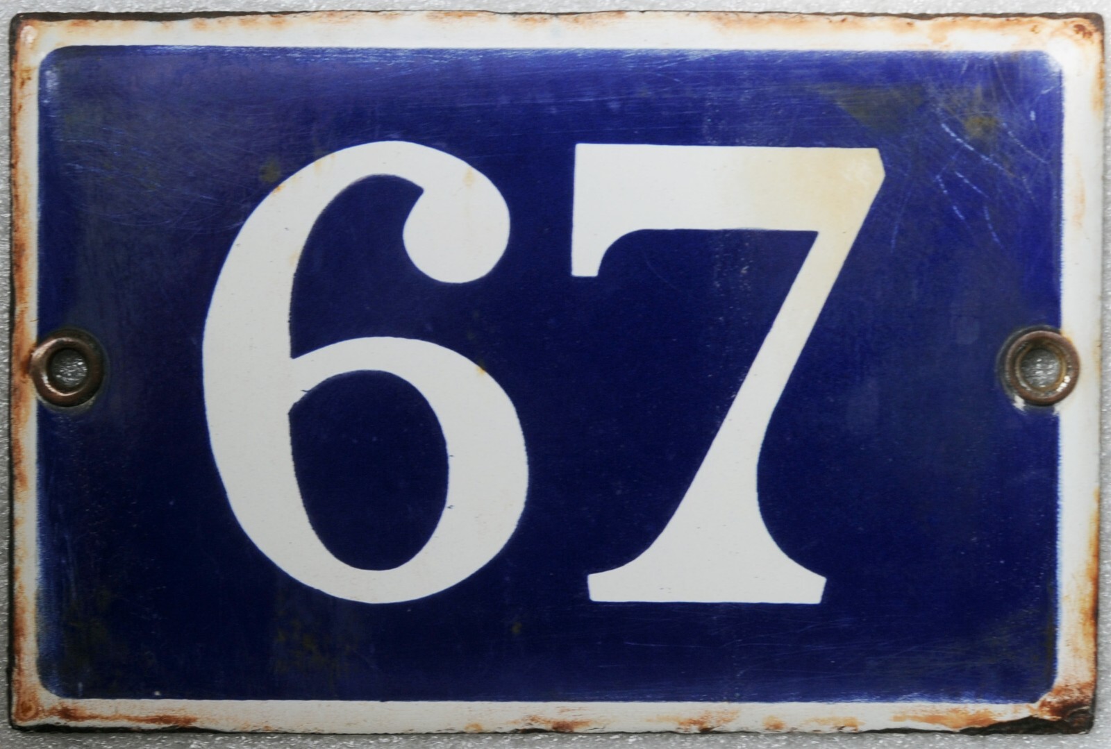 Old blue French house number 67 door gate plate plaque enamel steel ...