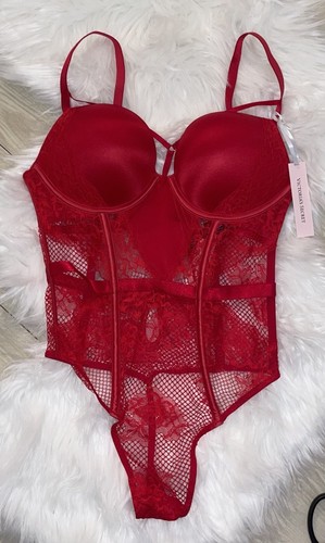 Victorias Secret Bombshell Add 2 Cups Lace Teddy Bodysuit G String S ...
