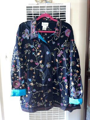The Quacker Factory Beaded Embroidered Butterfly Floral Black Shirt ...