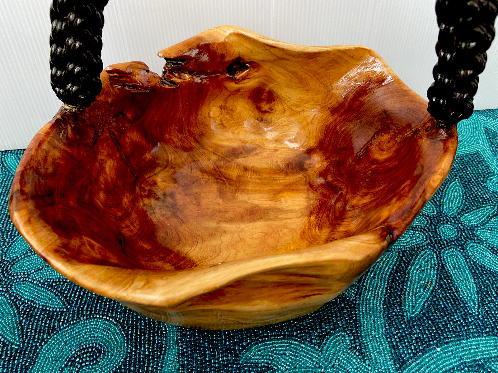 SPECIAL LEATHER HANDLE HAND CARVED SHAN MU TREE BURL ROOT WOODEN BASKET ...