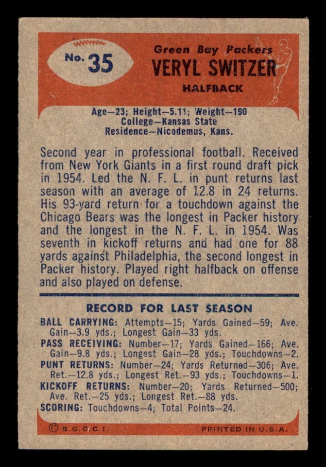 1955 Bowman Football #35 Veryl Switzer VG/EX *e2 | eBay
