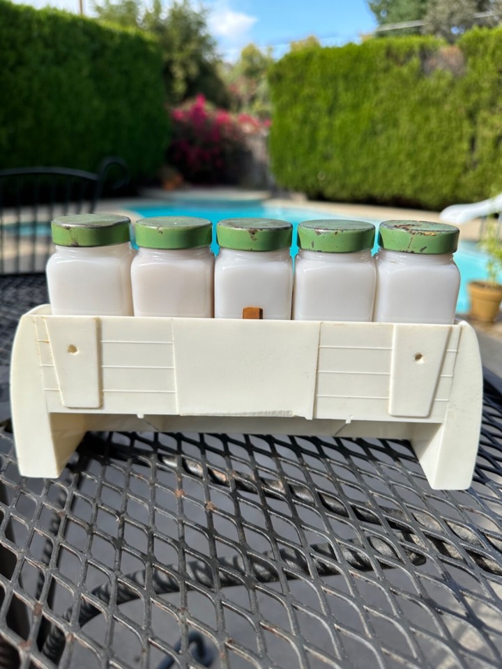 Vintage GRIFFITH'S SPICE RACK with 10 Milk Glass Spice Bottles Partial ...
