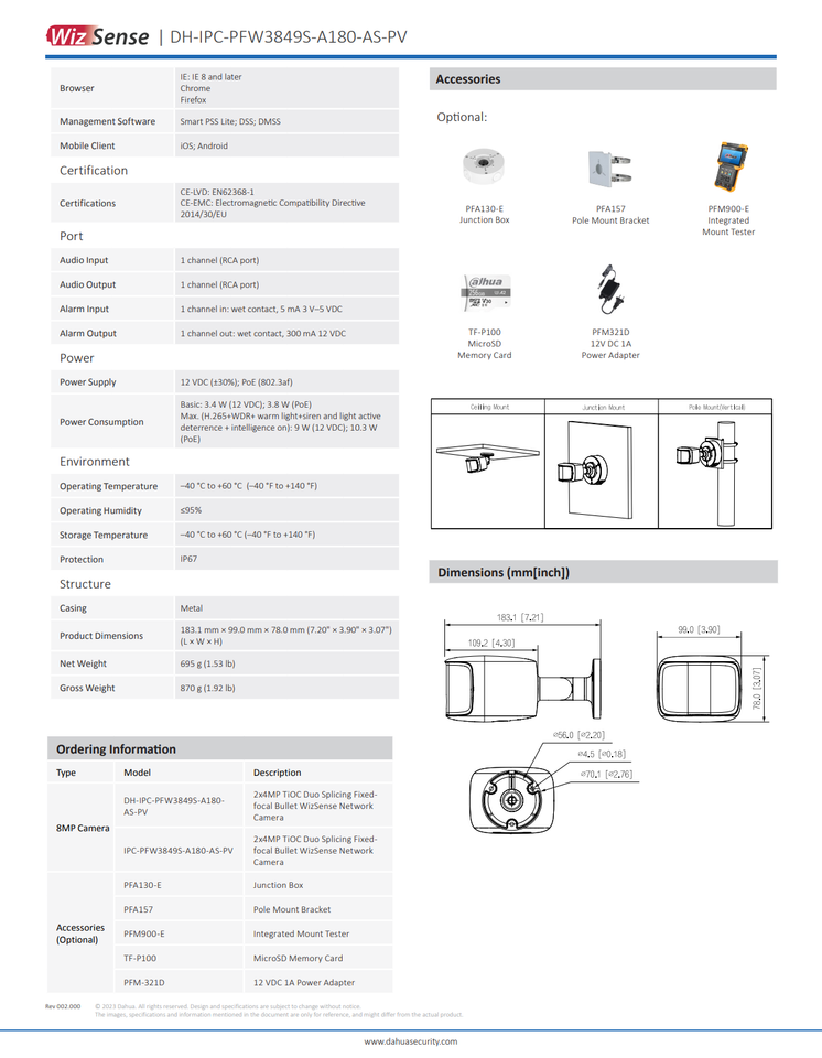 US👍 DAHUA 8MP SMD4.0 TiOC IPC-PFW3849S-A180-AS-PV Bullet 180° IP Camera | eBay